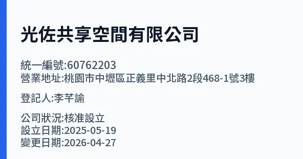 光佐共享空間有限公司的照片-統編 60762203(桃園市) 公司登記資料與營業項目詳細圖表