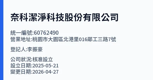 奈科潔淨科技股份有限公司的照片-統編 60762490(桃園市) 公司登記資料與營業項目詳細圖表