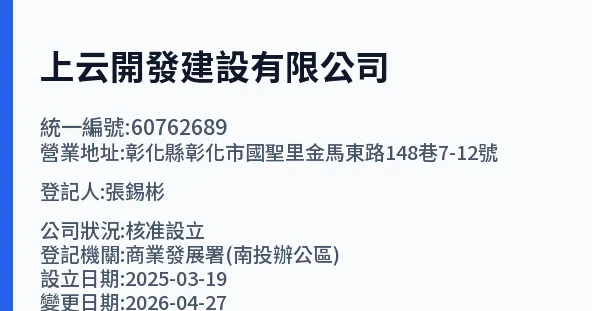 上云開發建設有限公司的照片-統編 60762689(彰化縣) 公司登記資料與營業項目詳細圖表
