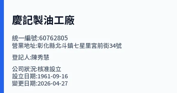 慶記製油工廠的照片-統編 60762805(彰化縣) 公司登記資料與營業項目詳細圖表