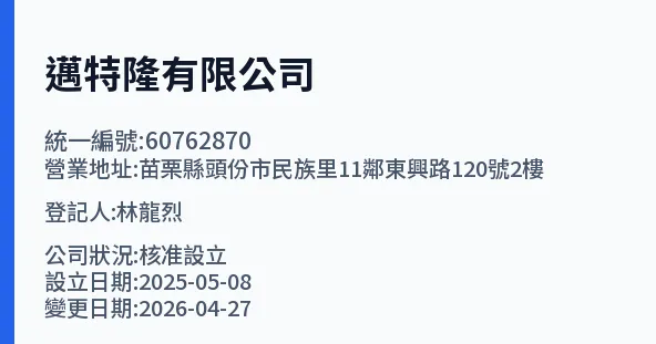 邁特隆有限公司的照片-統編 60762870(苗栗縣) 公司登記資料與營業項目詳細圖表