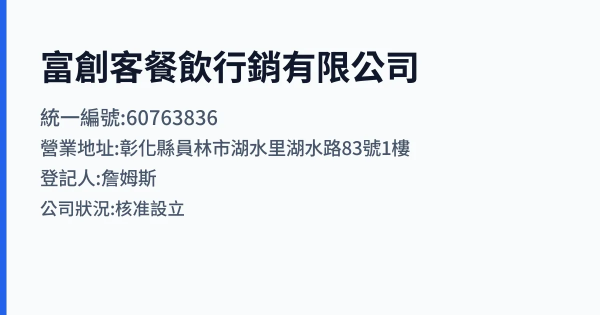 富創客餐飲行銷有限公司 - 統編 60763836(彰化縣) 公司登記資料與營業項目詳細圖表