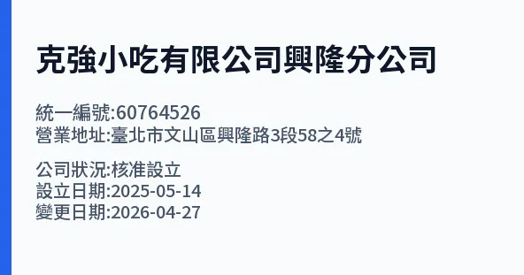 克強小吃有限公司興隆分公司的照片-統編 60764526(臺北市) 公司登記資料與營業項目詳細圖表