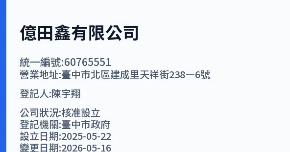 億田鑫有限公司的照片-統編 60765551(臺中市) 公司登記資料與營業項目詳細圖表