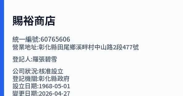 賜裕商店的照片-統編 60765606(彰化縣) 公司登記資料與營業項目詳細圖表