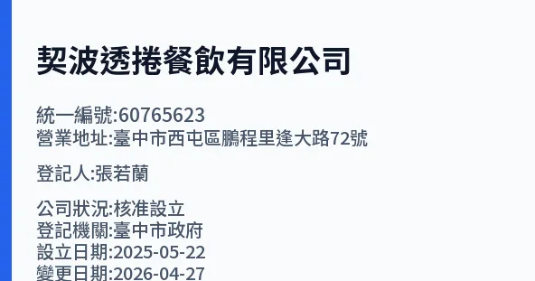 契波透捲餐飲有限公司的照片-統編 60765623(臺中市) 公司登記資料與營業項目詳細圖表