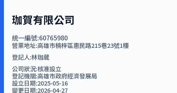 珈賀有限公司的照片-統編 60765980(高雄市) 公司登記資料與營業項目詳細圖表