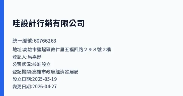 哇設計行銷有限公司的照片-統編 60766263(高雄市) 公司登記資料與營業項目詳細圖表