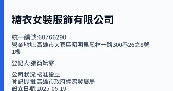 糖衣女裝服飾有限公司的照片-統編 60766290(高雄市) 公司登記資料與營業項目詳細圖表