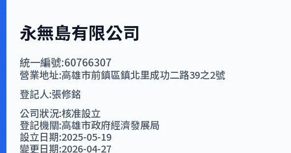 永無島有限公司的照片-統編 60766307(高雄市) 公司登記資料與營業項目詳細圖表