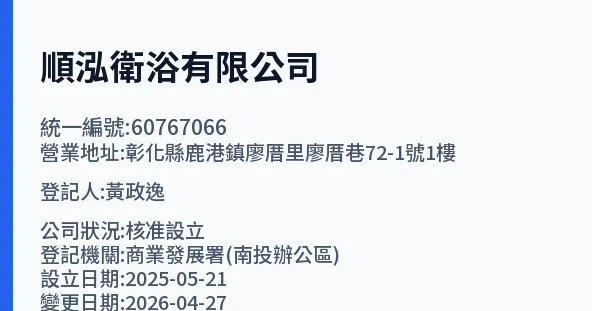順泓衛浴有限公司的照片-統編 60767066(彰化縣) 公司登記資料與營業項目詳細圖表
