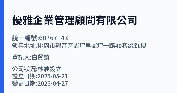 優雅企業管理顧問有限公司的照片-統編 60767143(桃園市) 公司登記資料與營業項目詳細圖表