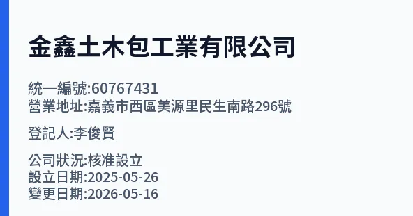 金鑫土木包工業有限公司的照片-統編 60767431(嘉義市) 公司登記資料與營業項目詳細圖表
