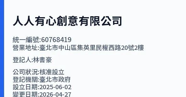 人人有心創意有限公司的照片-統編 60768419(臺北市) 公司登記資料與營業項目詳細圖表