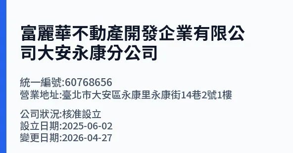 富麗華不動產開發企業有限公司大安永康分公司的照片-統編 60768656(臺北市) 公司登記資料與營業項目詳細圖表