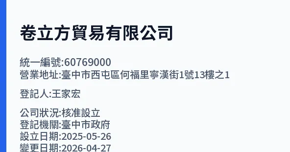 卷立方貿易有限公司的照片-統編 60769000(臺中市) 公司登記資料與營業項目詳細圖表