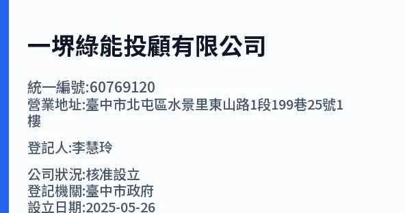 一堺綠能投顧有限公司的照片-統編 60769120(臺中市) 公司登記資料與營業項目詳細圖表
