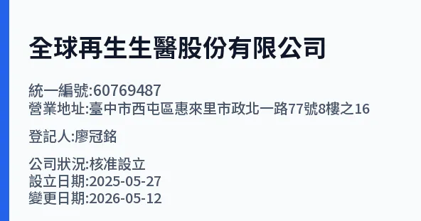全球再生生醫股份有限公司的照片-統編 60769487(臺中市) 公司登記資料與營業項目詳細圖表