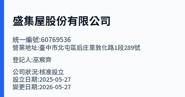 盛集屋股份有限公司的照片-統編 60769536(臺中市) 公司登記資料與營業項目詳細圖表