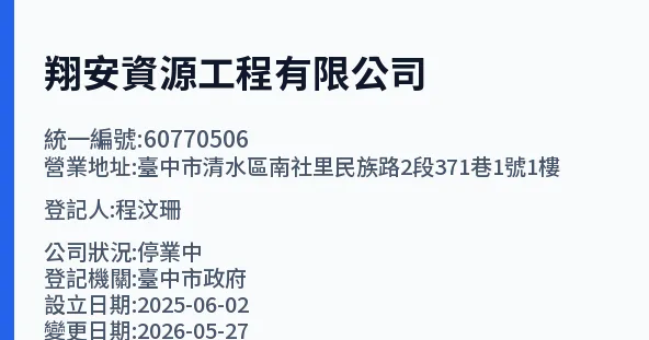 翔安資源工程有限公司的照片-統編 60770506(臺中市) 公司登記資料與營業項目詳細圖表