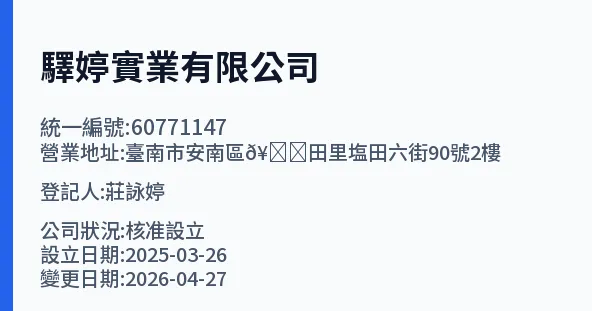 驛婷實業有限公司的照片-統編 60771147(臺南市) 公司登記資料與營業項目詳細圖表
