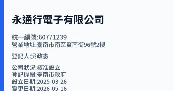 永通行電子有限公司的照片-統編 60771239(臺南市) 公司登記資料與營業項目詳細圖表