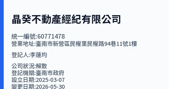 晶癸不動產經紀有限公司的照片-統編 60771478(臺南市) 公司登記資料與營業項目詳細圖表