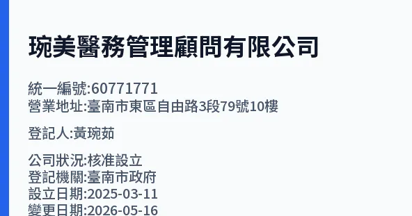 琬美醫務管理顧問有限公司的照片-統編 60771771(臺中市) 公司登記資料與營業項目詳細圖表