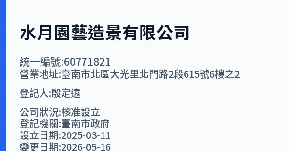 水月園藝造景有限公司的照片-統編 60771821(臺南市) 公司登記資料與營業項目詳細圖表