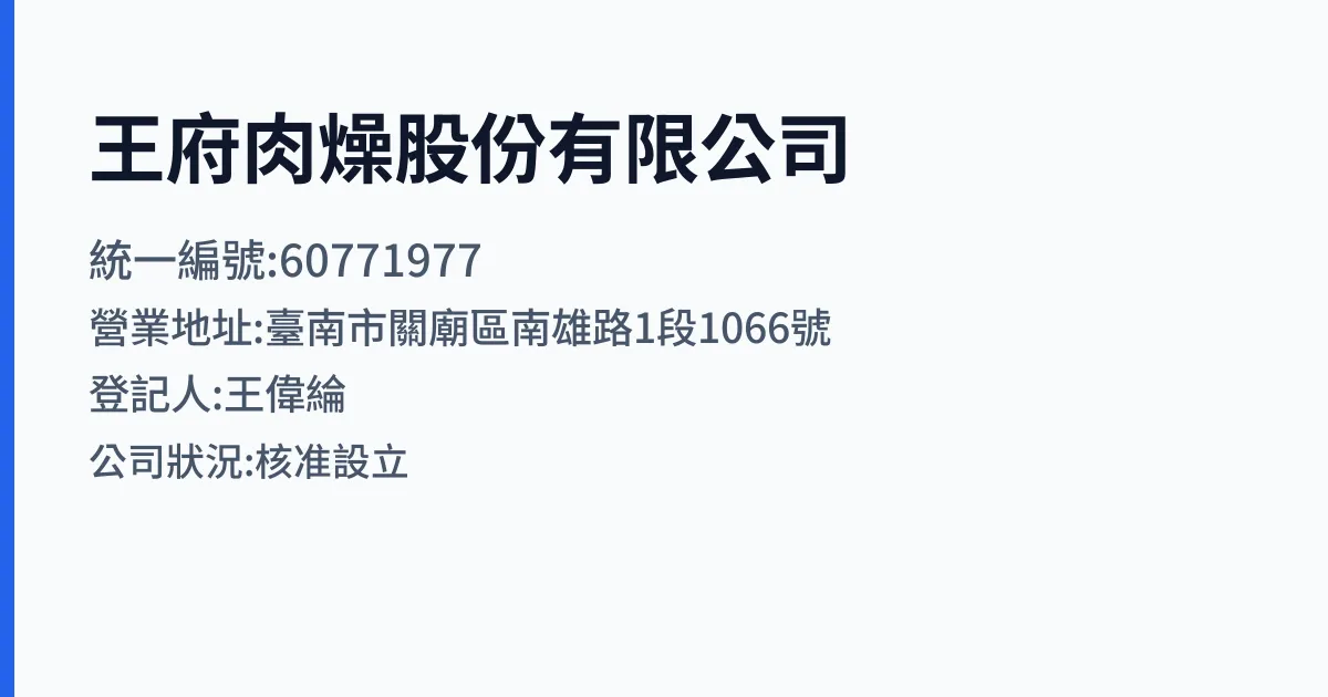 王府肉燥股份有限公司 - 統編 60771977(臺南市) 公司登記資料與營業項目詳細圖表