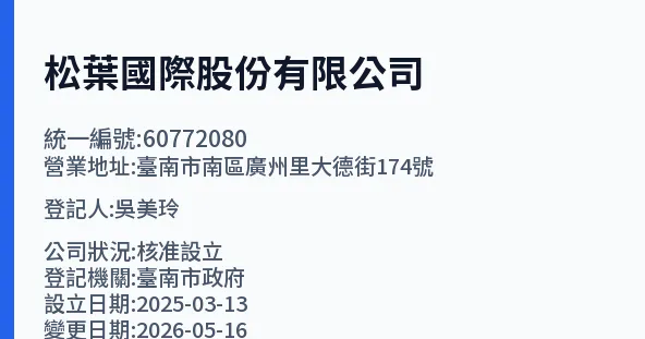 松葉國際股份有限公司的照片-統編 60772080(臺南市) 公司登記資料與營業項目詳細圖表