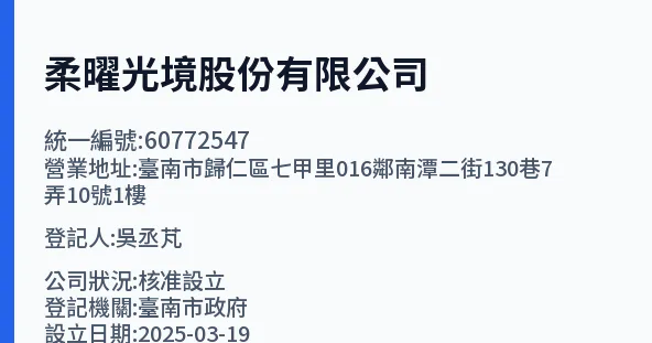 柔曜光境股份有限公司的照片-統編 60772547(臺南市) 公司登記資料與營業項目詳細圖表