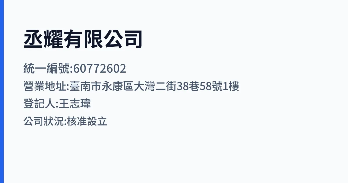 丞耀有限公司 - 統編 60772602（臺南市） 公司登記資料與營業項目詳細圖表