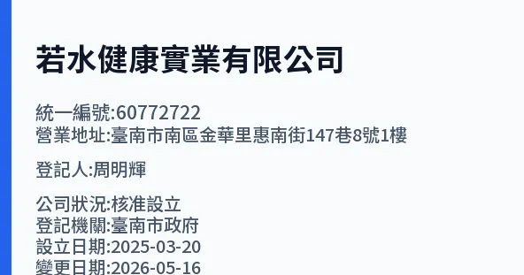若水健康實業有限公司的照片-統編 60772722(臺南市) 公司登記資料與營業項目詳細圖表