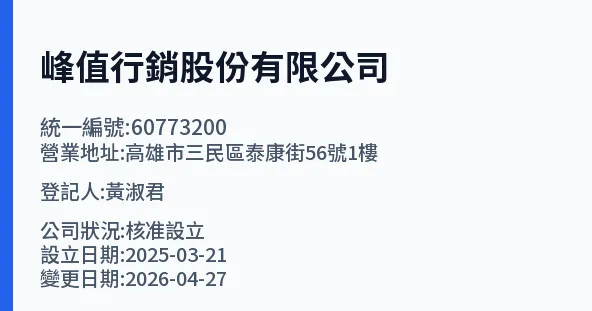 峰值行銷股份有限公司的照片-統編 60773200(高雄市) 公司登記資料與營業項目詳細圖表