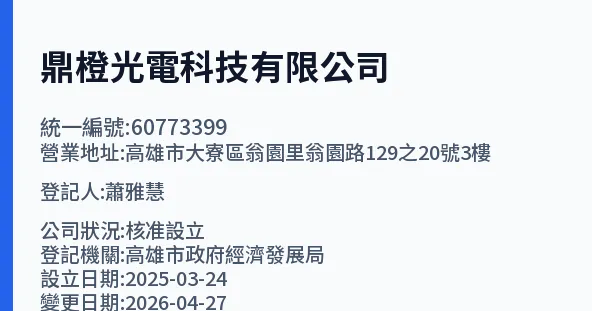 鼎橙光電科技有限公司的照片-統編 60773399(高雄市) 公司登記資料與營業項目詳細圖表