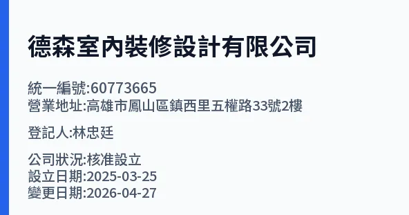 德森室內裝修設計有限公司的照片-統編 60773665(高雄市) 公司登記資料與營業項目詳細圖表
