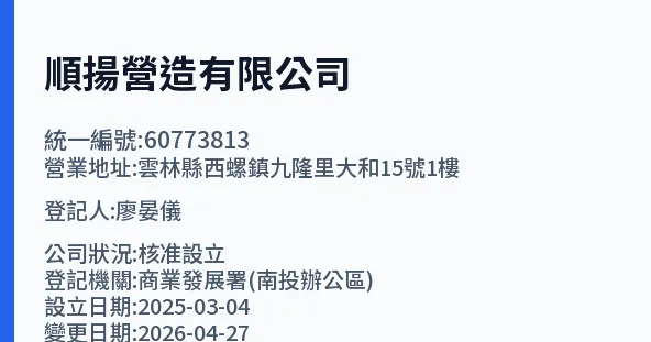 順揚營造有限公司的照片-統編 60773813(雲林縣) 公司登記資料與營業項目詳細圖表
