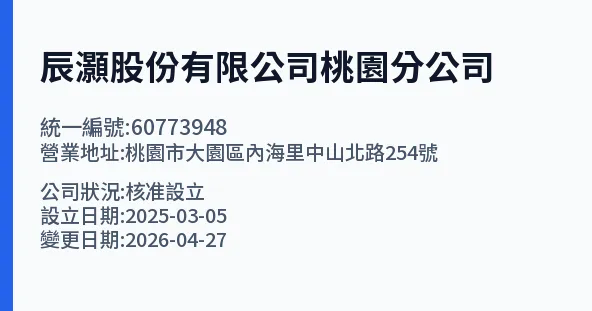 辰灝股份有限公司桃園分公司的照片-統編 60773948(桃園市) 公司登記資料與營業項目詳細圖表