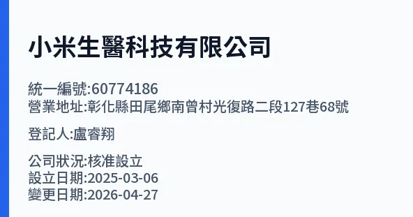 小米生醫科技有限公司的照片-統編 60774186(彰化縣) 公司登記資料與營業項目詳細圖表