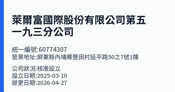 萊爾富國際股份有限公司第五一九三分公司的照片-統編 60774307(屏東縣) 公司登記資料與營業項目詳細圖表