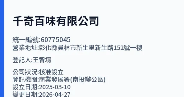 千奇百味有限公司的照片-統編 60775045(彰化縣) 公司登記資料與營業項目詳細圖表