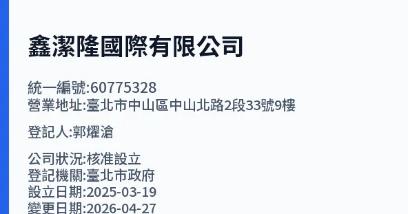 鑫潔隆國際有限公司的照片-統編 60775328(臺北市) 公司登記資料與營業項目詳細圖表