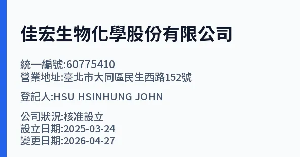 佳宏生物化學股份有限公司的照片-統編 60775410(臺北市) 公司登記資料與營業項目詳細圖表