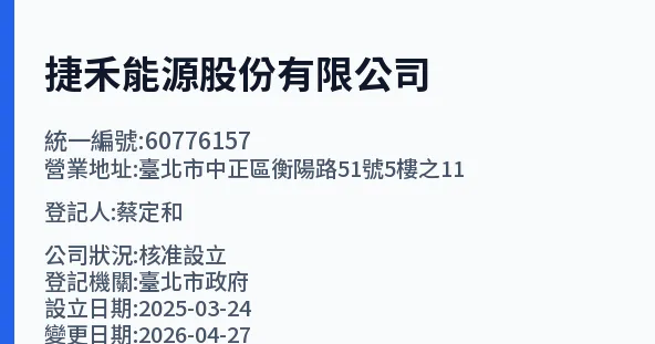 捷禾能源股份有限公司的照片-統編 60776157(臺北市) 公司登記資料與營業項目詳細圖表