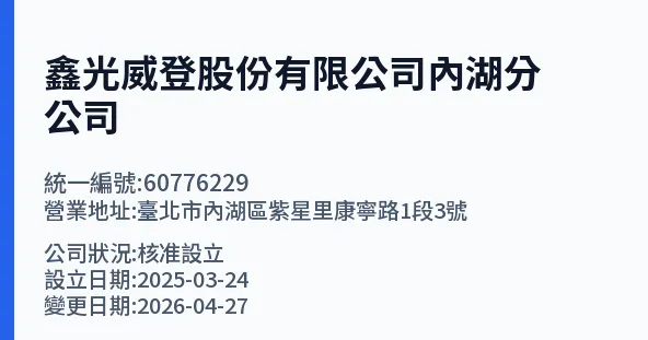 鑫光威登股份有限公司內湖分公司的照片-統編 60776229(臺北市) 公司登記資料與營業項目詳細圖表
