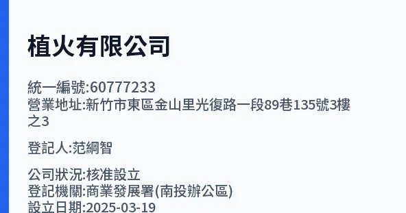 植火有限公司的照片-統編 60777233(新竹市) 公司登記資料與營業項目詳細圖表