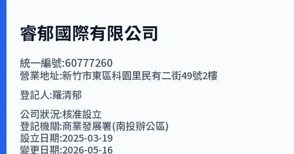 睿郁國際有限公司的照片-統編 60777260(新竹市) 公司登記資料與營業項目詳細圖表