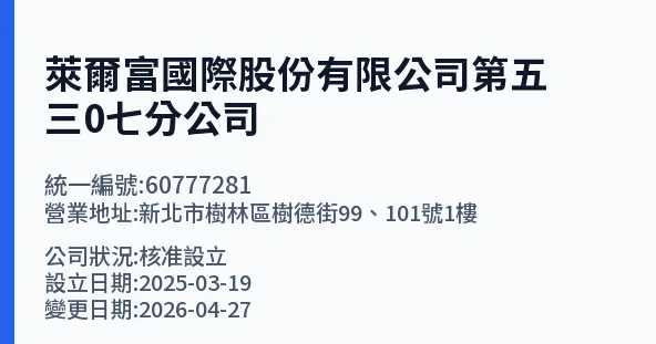 萊爾富國際股份有限公司第五三0七分公司的照片-統編 60777281(新北市) 公司登記資料與營業項目詳細圖表