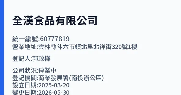 全漢食品有限公司的照片-統編 60777819(雲林縣) 公司登記資料與營業項目詳細圖表